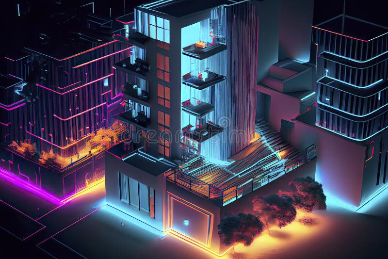 Neon Background. Building with Neon Illumination Stock Illustration ...