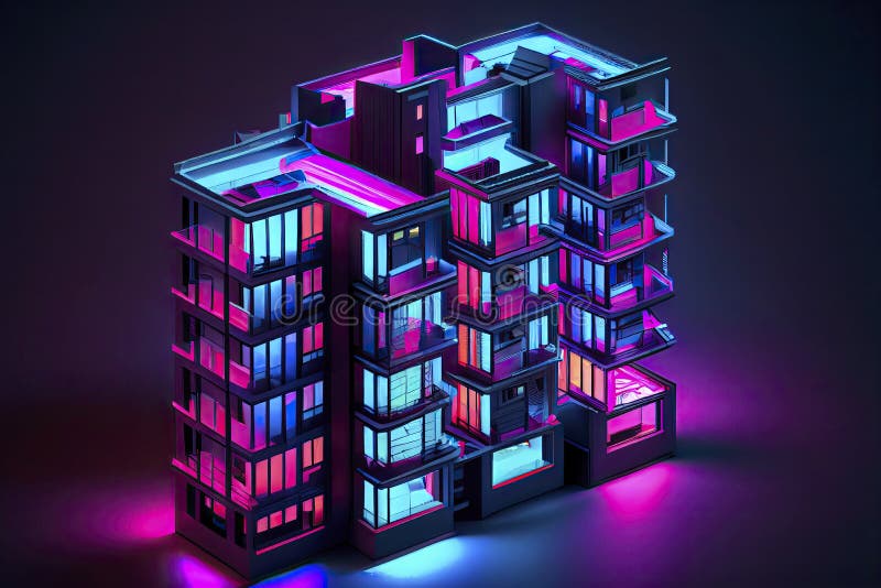 Neon Background. Building with Neon Illumination Stock Illustration ...
