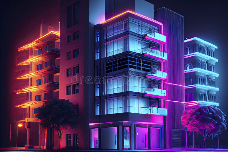 Neon Background. Building with Neon Illumination Stock Image - Image of ...