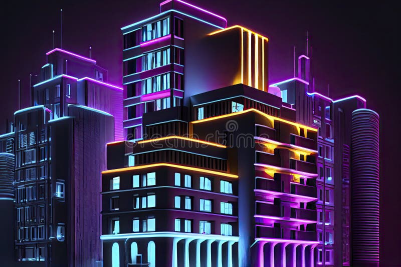 Neon Background. Building with Neon Illumination Stock Illustration ...
