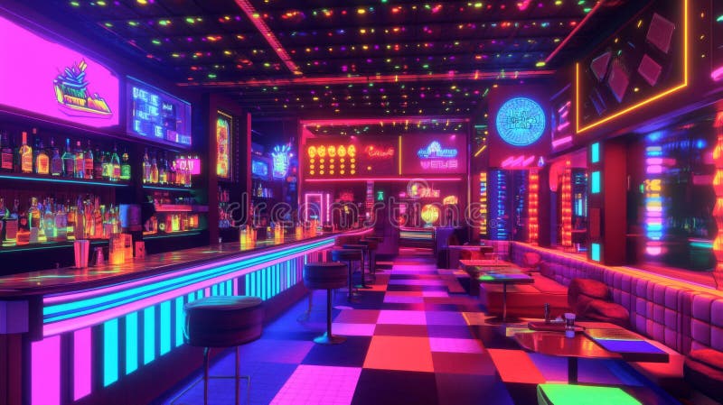 Neon Bar Interior with Pixel Art Style and Vibrant Lighting Stock ...