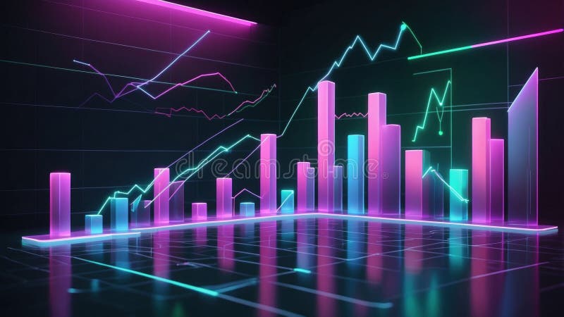 Neon Bar and Line Graphs in Futuristic Digital Environment Stock ...