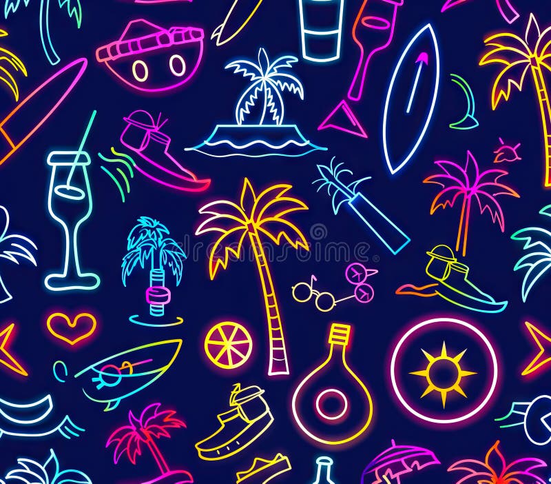 Neon Beach and Summer Icons Seamless Pattern Stock Image - Image of ...