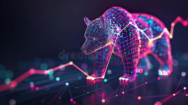 Neon Bear Symbolizing Bearish Market Trend with Digital Graphs ...