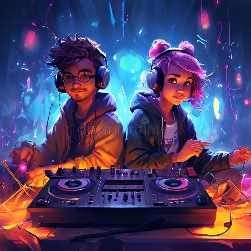 Neon Beats DJ Duo in Action Stock Illustration - Illustration of laptop ...