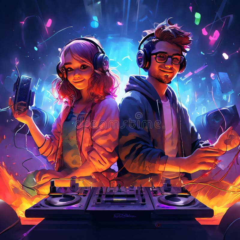 Neon Beats DJ Duo in Action Stock Illustration - Illustration of ...