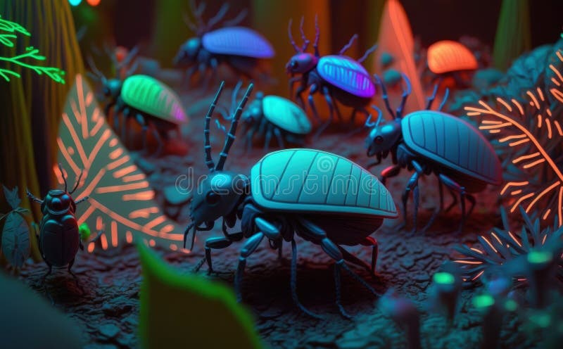 Neon Beetles in a Forest. Created by Generative Artificial Intelligence ...