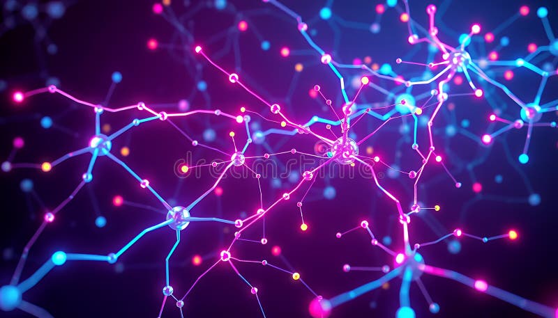 Dynamic Neon Biotech Illustration with Interconnected Nodes and Lines ...