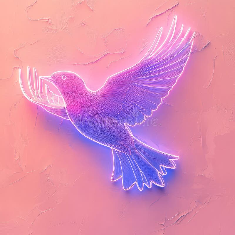 Neon Bird Illustration on Textured Pink Background, Glowing Effect ...