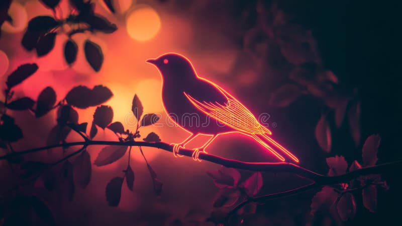 Neon Bird Silhouette on Branch at Dusk Stock Illustration ...