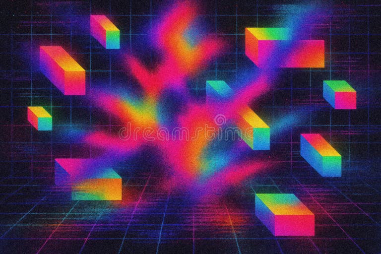 Neon Blocks Exploding in Virtual Grid Space Abstract 3D Rainbow Bricks ...