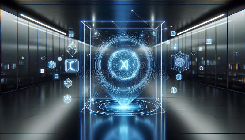 Neon Blue AI Interface in Futuristic Interior Stock Photo - Image of ...