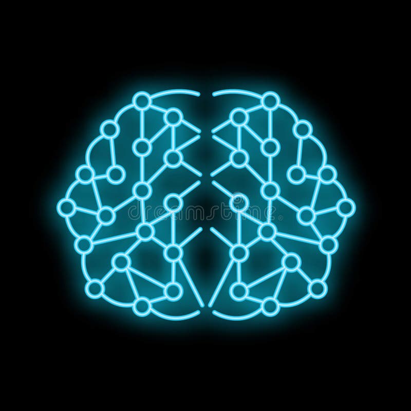 Neon Blue Artificial Intelligence Brain Showing Neural Network on Black ...