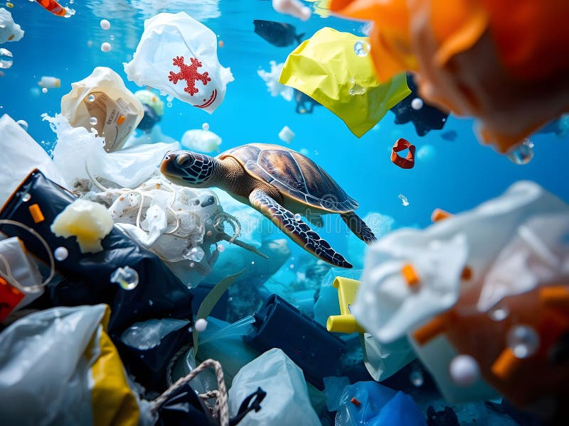 Neon Blue Background Featuring Turtle and Floating Trash As a Symbol of ...