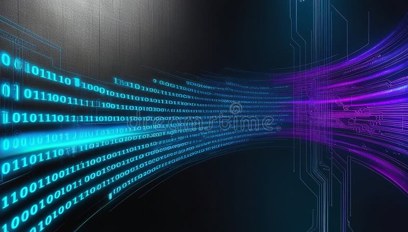 Neon Blue Binary Code Streaming Across a Dark Digital Screen, Representing Data Flow and ...