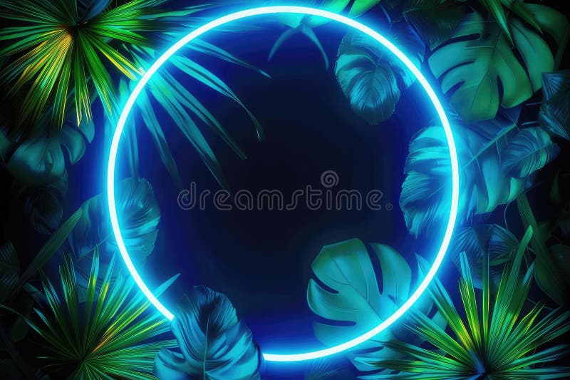 Neon Blue Circle Frame with Tropical Leaves and Plants on a Natural ...