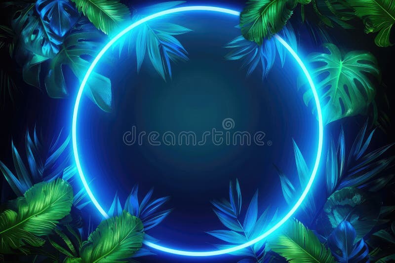 Neon Blue Circle Frame with Tropical Leaves and Plants on a Natural ...