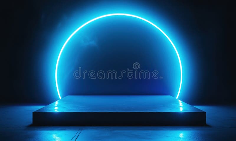 Neon Blue Circular Light, Illuminated Platform, Dark Background, Modern ...