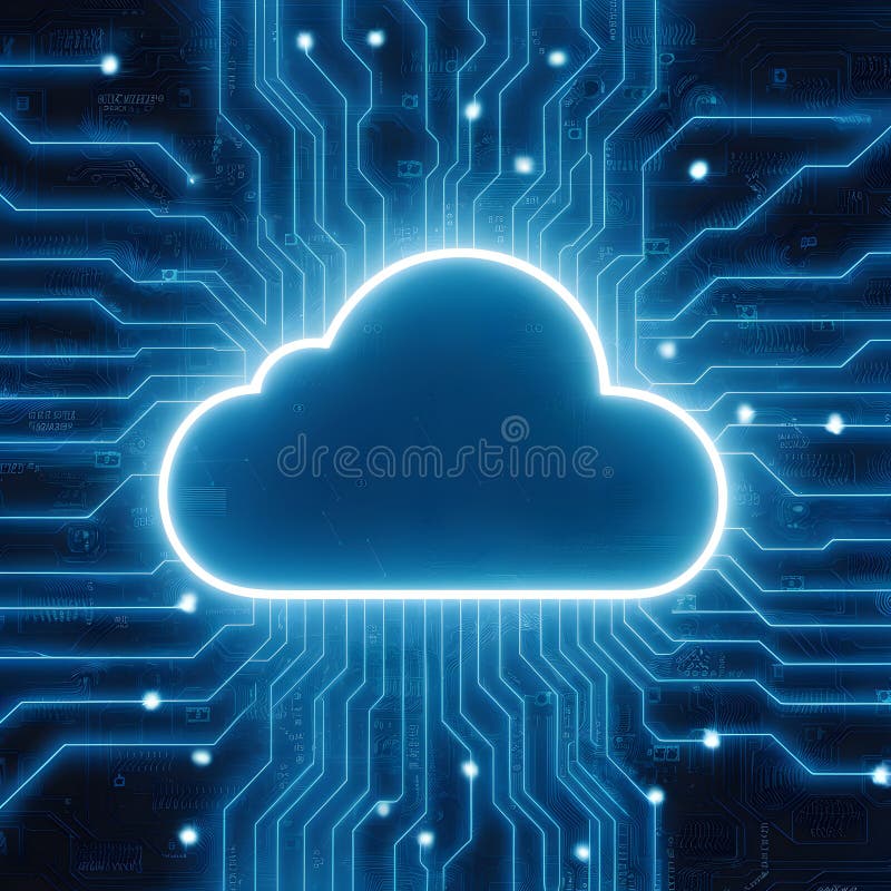 Neon Blue Cloud with Circuitry, Symbolizing Cloud Computing ...