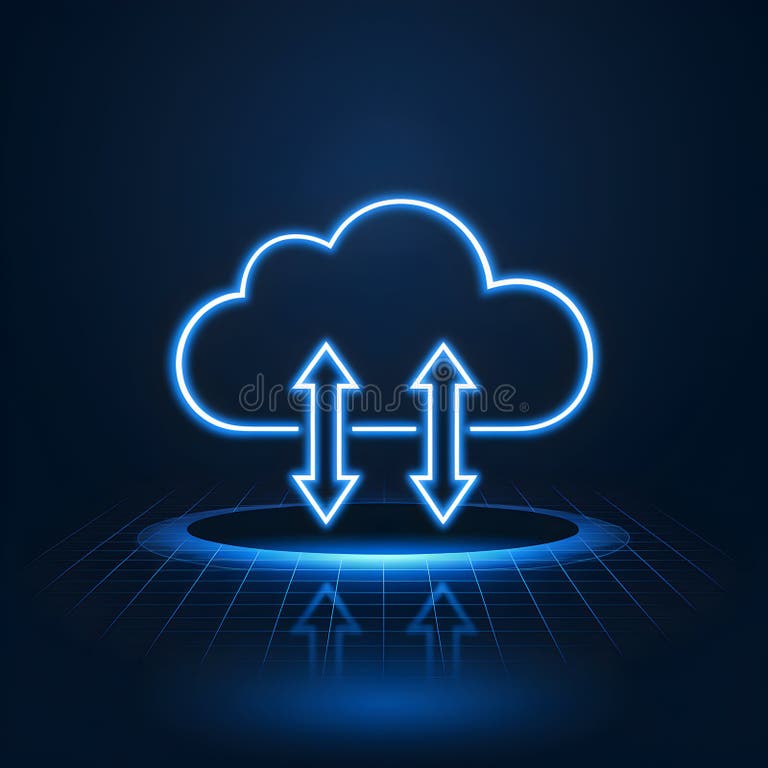 Neon Blue Cloud Icon with Arrows, Symbolizing Data Transfer on ...