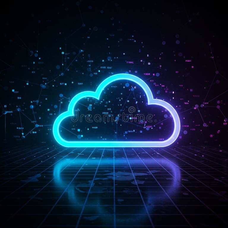 Neon Blue Cloud Icon on a Black Digital Grid Background, Symbolizing ...