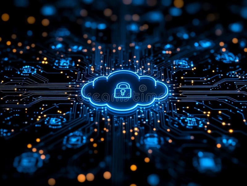 Neon Blue Cloud Lock Symbol with Data Streams and Connected Dots ...