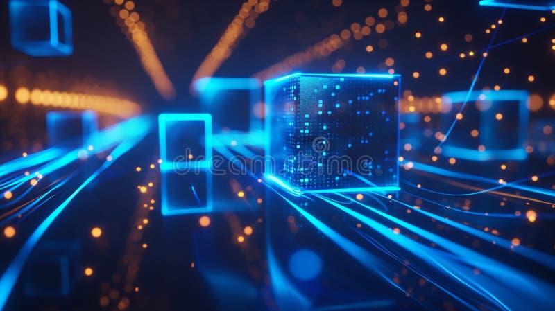 Glowing Blue Cubes in a Digital Network Stock Photo - Image of space ...