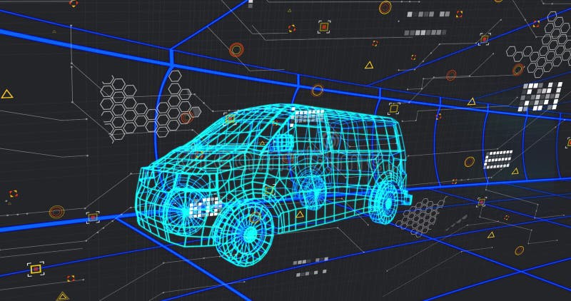 Neon-blue 3D Wireframe Van Model Floating Over Grid, Linking Hexagon UI ...