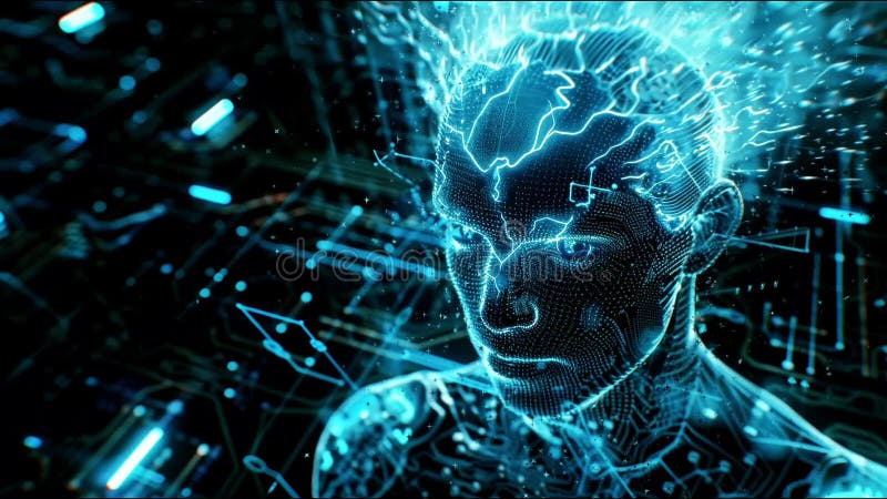 Neon Blue Digital Head Profile Composed of Interconnected Lines and ...