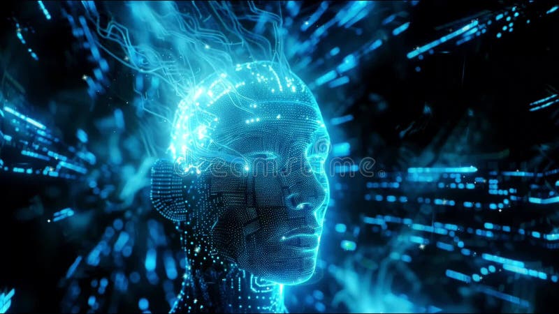 Neon Blue Digital Head Profile Composed of Interconnected Lines and ...