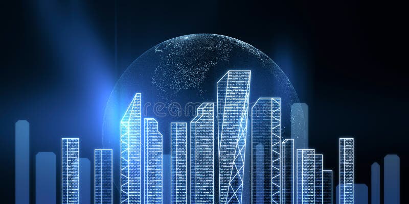 Neon Blue Digital Skyline with a Glowing Globe Backdrop, Visualizing ...
