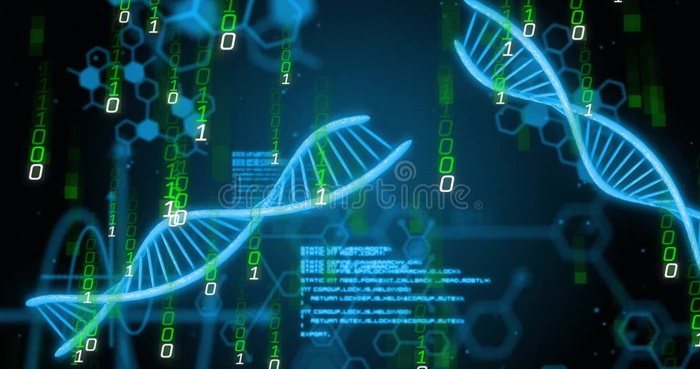 Neon-blue DNA Helix Floating in Interface, with Streaming Binary Digits ...