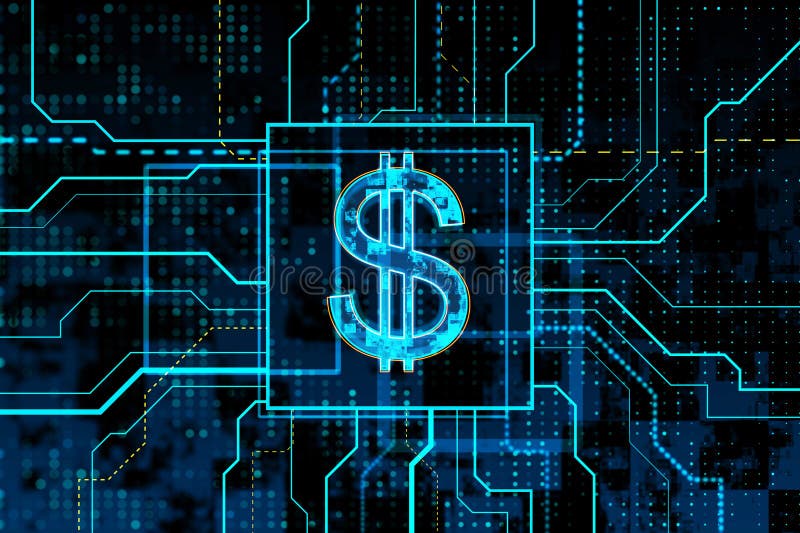 Neon Dollar Sign on Circuit Board Background. Financial Technology and ...