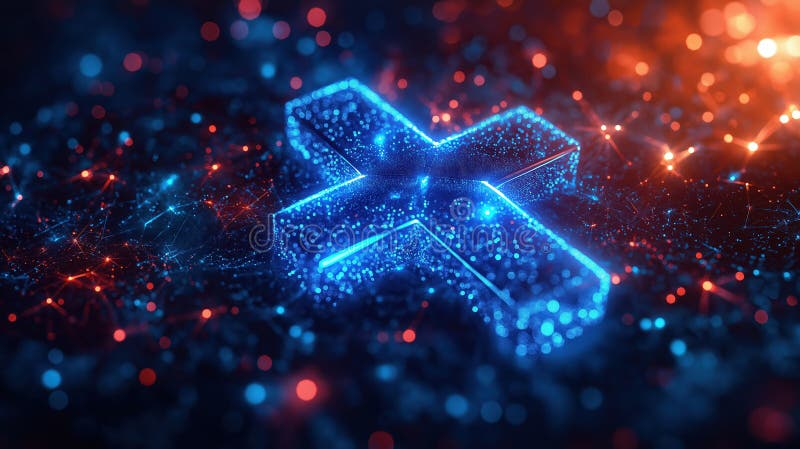 Neon Blue Electric Cross Glowing in Abstract Digital Space Background ...