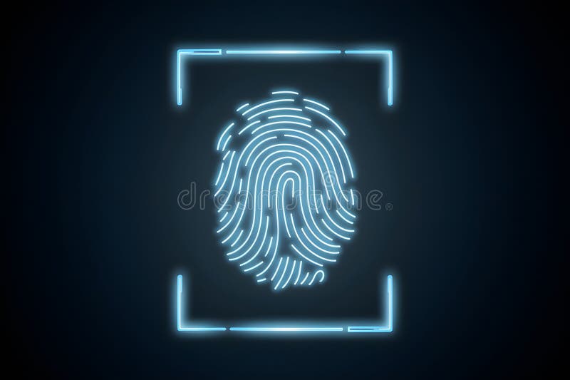 Neon Blue Fingerprint Scan Loading on Dark Background with Rectangular ...