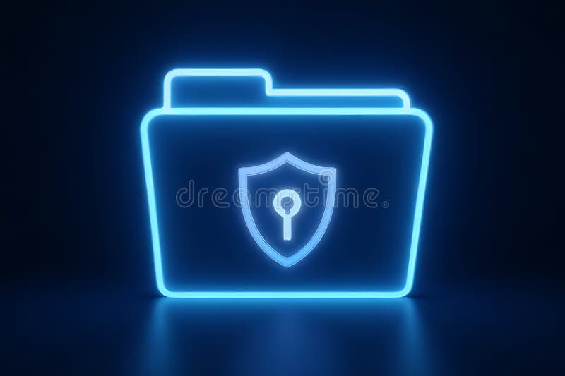 A Neon Blue Folder Icon with a Shieldkeyhole Symbol, Signifying Data ...