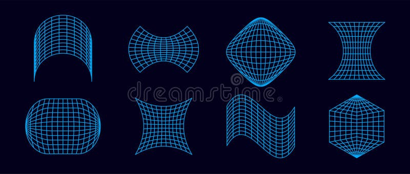Neon Blue Geometric Wireframe Collection. Abstract Surface Grid of ...