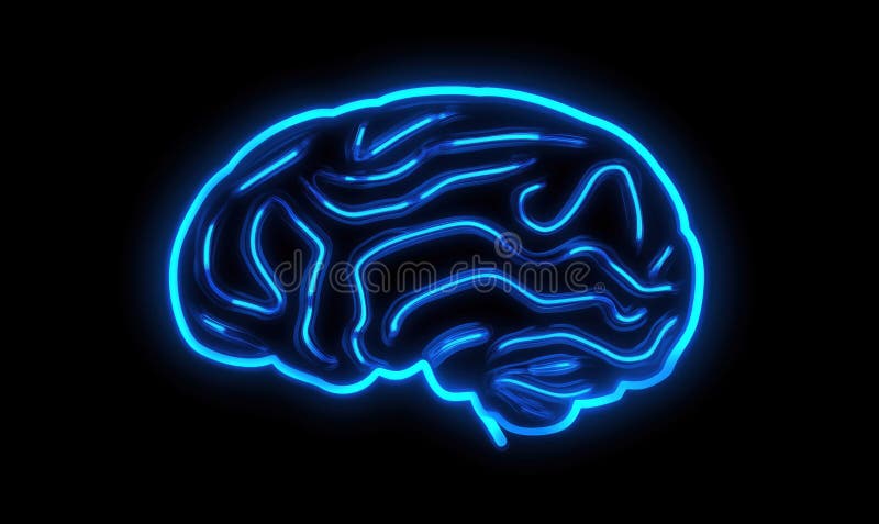Neon Blue Glowing Brain Illustration on Black Background for Creative ...