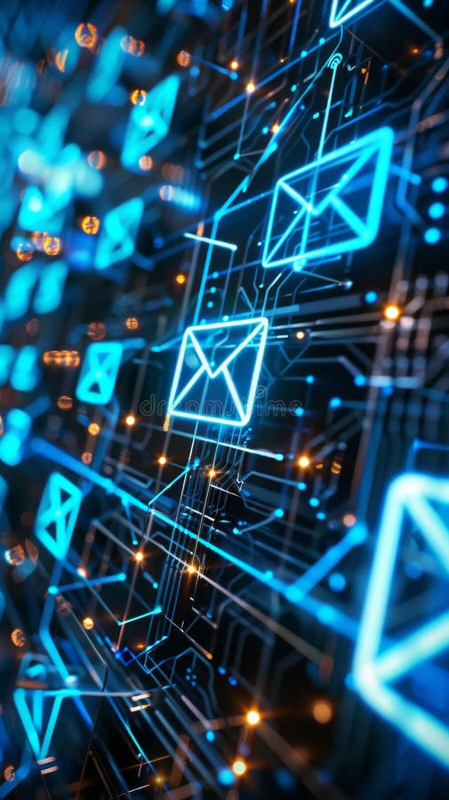 Neon Blue Glowing Email Icons on a Digital Circuit Board, Abstract ...