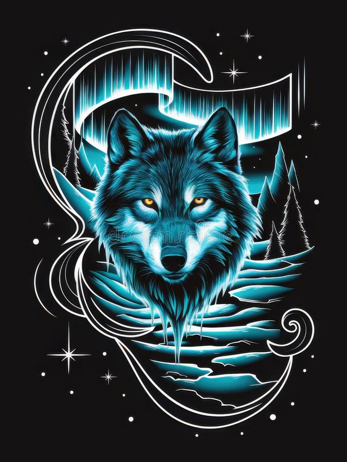 Neon Blue Glowing Wolf with Northern Lights and Pine Trees in Mystical ...