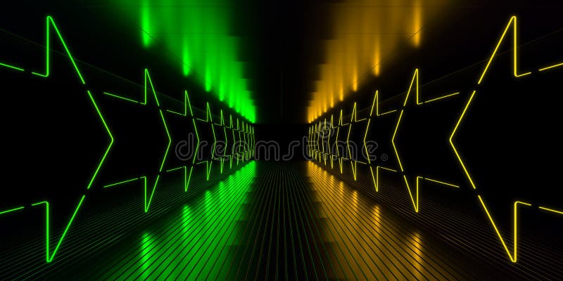 Neon Blue Green Arrow Pointers. Glowing Led Lights in Reflections in a ...