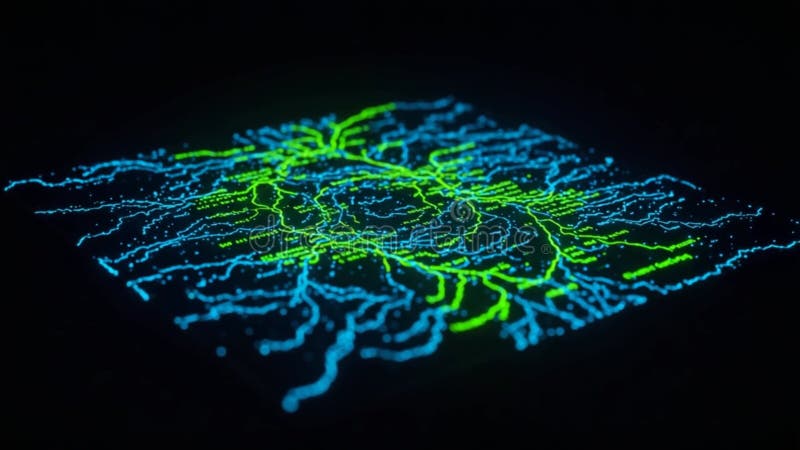 Abstract Digital Topographic Map: Neon Blue and Green Pathways Stock ...
