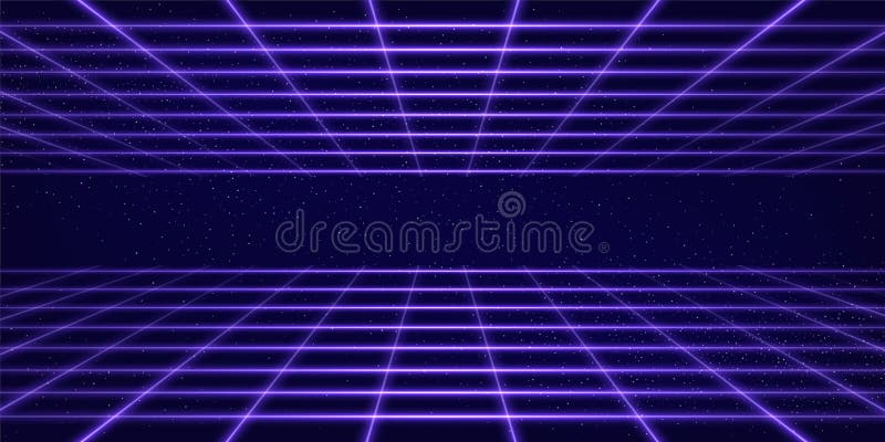 Neon Blue Grid Background. Digital Game Pattern. Wireframe Perspective ...