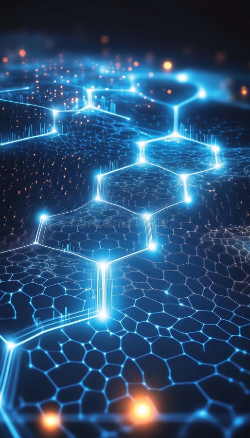 Neon Blue Hexagonal Network, Technology Grid with Sparkling Lights ...