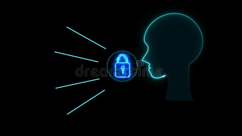 A Neon Blue Human Head Outline with a Glowing Lock Symbol Inside ...