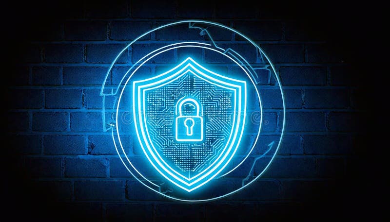 Neon Blue Icon Representing Security Features a Shield with a Lock Over ...