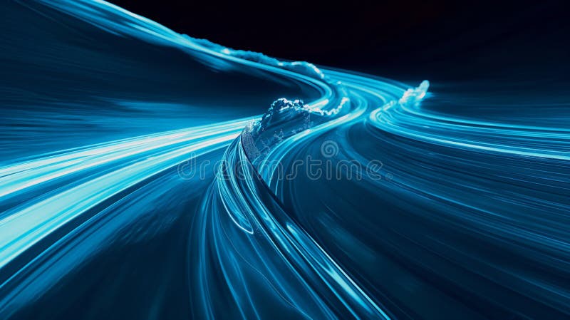 Neon Blue Light Trails on a Curved Path Stock Image - Image of ...