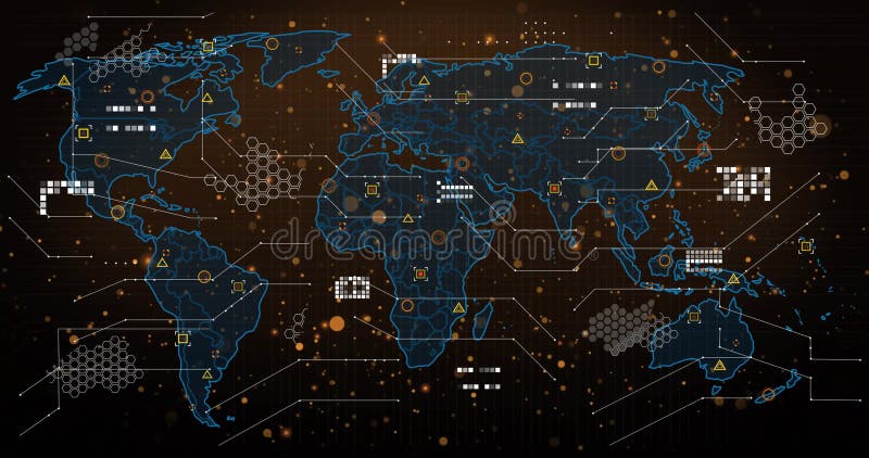 Neon-blue Line Animating from Left into Map, Icons, Hex Clusters, Particles Appearing for ...