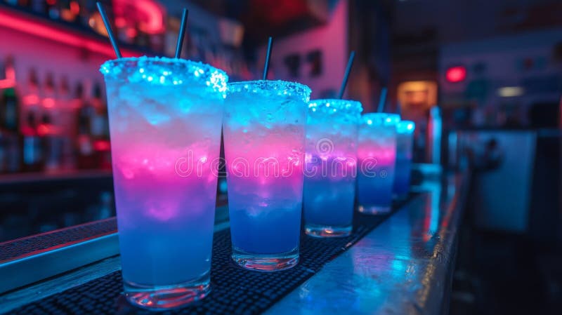 Neon Blue Pink Cocktails Line Up at Bar Stock Illustration ...