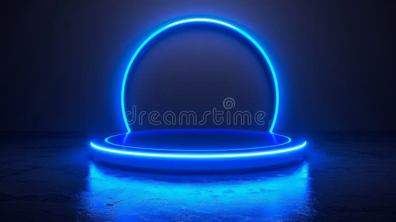 Neon Blue Podium with Lighted Platform for Tech Presentation at Night ...